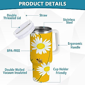 RPLIFE White Daisies Bees Warm Yellow 40 Oz Tumbler with Handle and Straw, Stainless Steel Tumbler with Straw, Coffee Tumbler