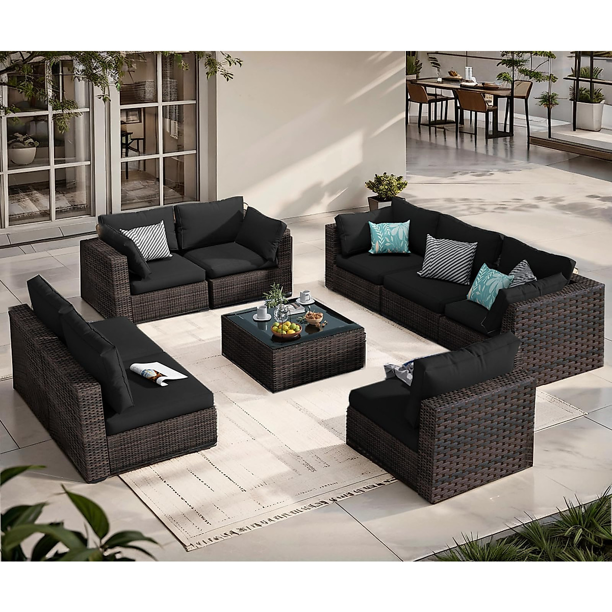 TANGJEAMER 9 Piece Patio Furniture Set All Weather PE Rattan Outdoor Sectional Sofa Couch with No-Slip Cushions and Glass Top Table for Garden, Poolside, Backyard (Black)