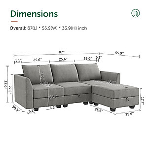HONBAY Convertible Modular Sectional Sofa L-Shape Sectional Couch with Reversible Chaise Modular Sofa with Storage Seats, Grey