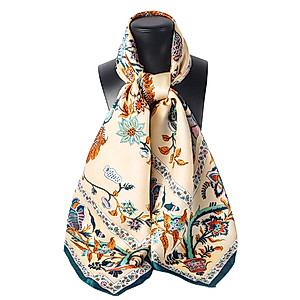 Grace Scarves 100% Silk Scarf, Extra-Large, Beanstalk, Creme with Teal Trim