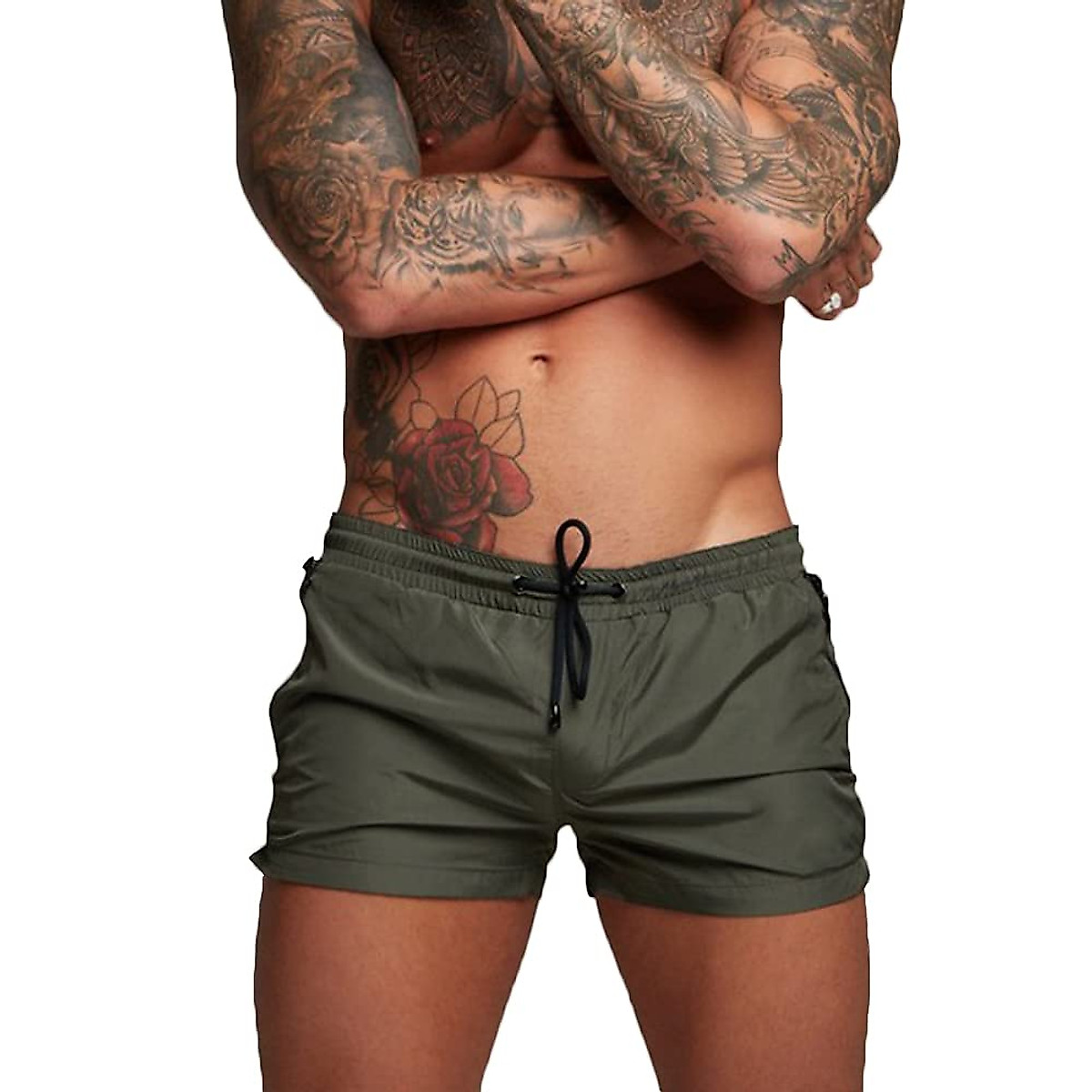 Rexcyril Men's Athletic Gym Workout Shorts 3 Inch Quick Dry Running Bodybuilding Short Shorts with Liner and Zipper Pockets, Army Green, Medium