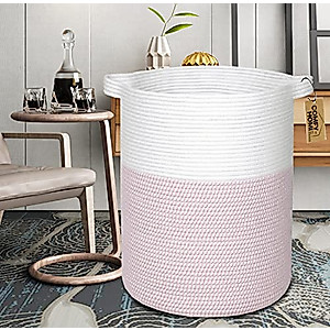 COMFY-HOMI XXL Blanket Basket 18”x16”|Cotton Rope Laundry Basket|Woven Basket for Storage|Gift Basket Empty for Newborn or Infant Gift for Boy Girl, Toy basket for blanket, cloth, towel-White/Pink