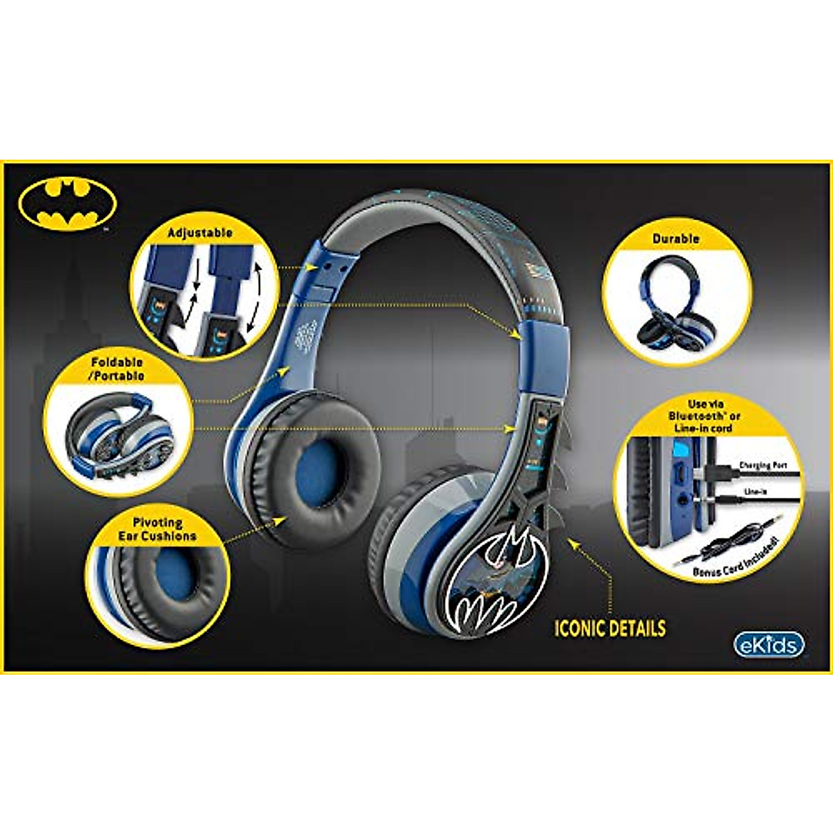 eKids Batman Bluetooth Headphones for Kids, Wireless Headphones with Microphone for Video Call or Zoom Meeting, for Fans of Batman Merchandise and Gifts