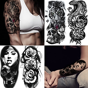 72 Sheets Half Sleeve Temporary Tattoos for Men Women Adults, Tiger Wolf Flower Skull Realistic Temporary Tattoo Stickers for Halloween, Black 3D Rose Animals Fake Tattoos