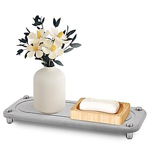SILATU Instant Dry Sink Organizer - Bathroom Fast Drying Sink Caddy, Fast Drying Stone Sink Tray for Kitchen, Diatomaceous Earth Bathroom Sink Organizer, Stainless Steel Feet with Sponge Holder