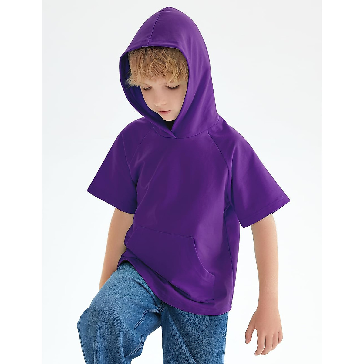 Spring&Gege Boys Light Weight Short Sleeve Hoodie Casual Solid Pullover Hooded T-shirt with Pocket, Purple, 9-10 Years