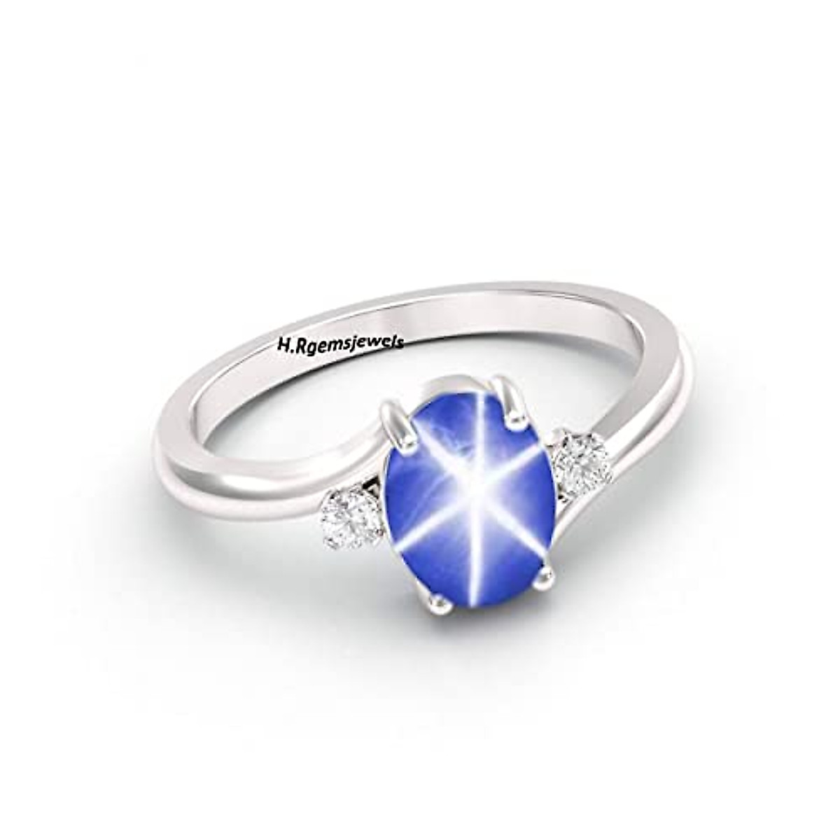 HRG Lindy Star Ring 6 Rays Blue Sapphire Star Ring 7x5mm Oval Cabochon Ring Anniversary Ring Handmade RingSolitaire Ring (Sterling Silver, 6)