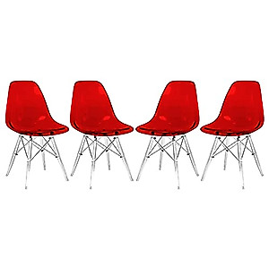 LeisureMod Dover Molded Side Chair with Acrylic Legs Set of 4 Transparent Red