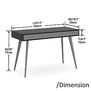 JURMALYN 47" Mid Century Modern Desk with Drawers Black Computer Desk Minimalist Desk with Metal Legs for Home Office, Easy Assembly (Black + Dark Grey)