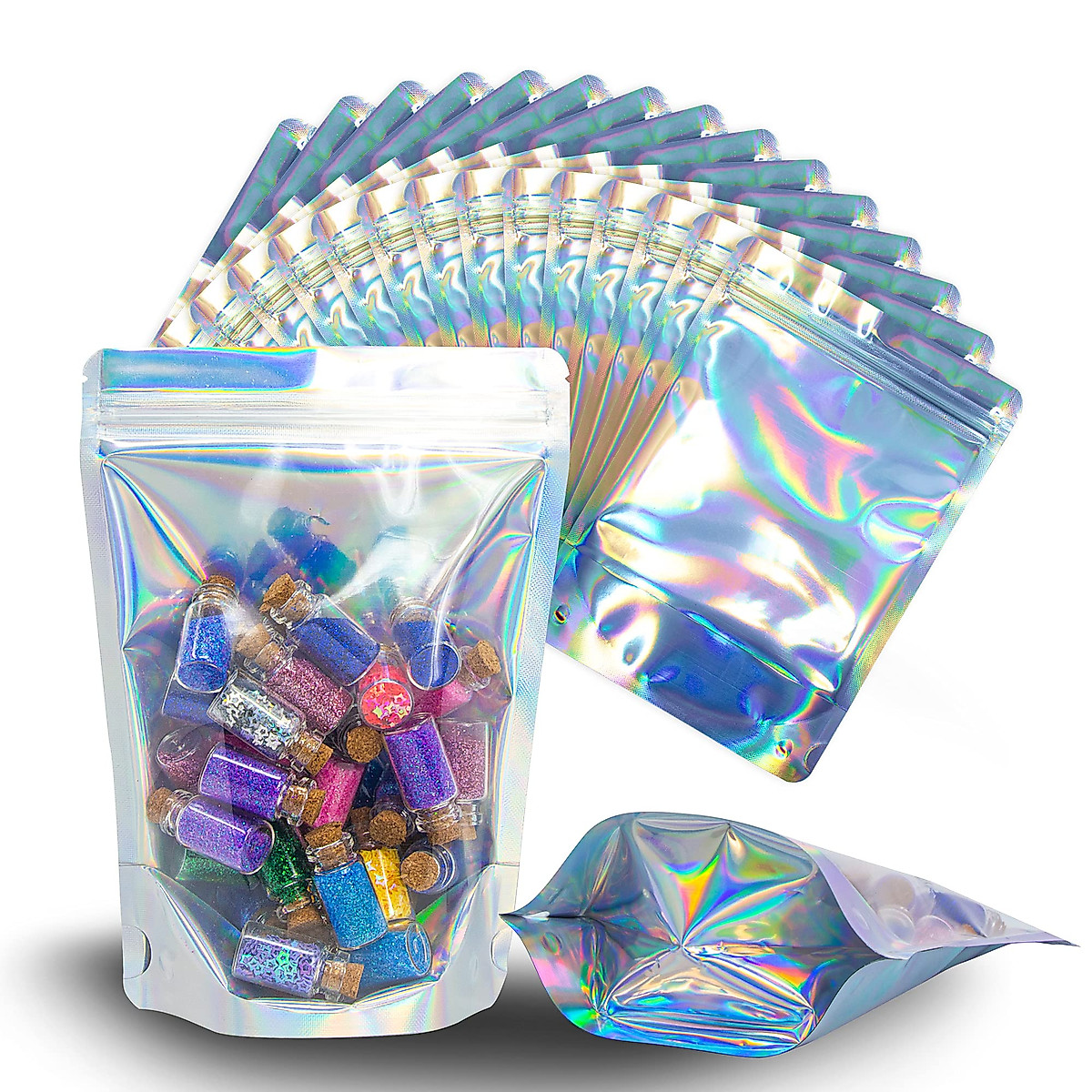 WaldOaks - 100 Pcs Iridescent Resealable Mylar Bags - 5x7 Inch Ziplock Heat Sealable Stand Up Pouches Parties Small Business Packaging