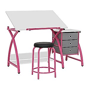 SD STUDIO DESIGNS 2 Piece Comet Center Plus, Craft Table and Matching Stool Set with Storage and Adjustable Top, 50" W x 23.75" D x 29.5" H, Pink/White