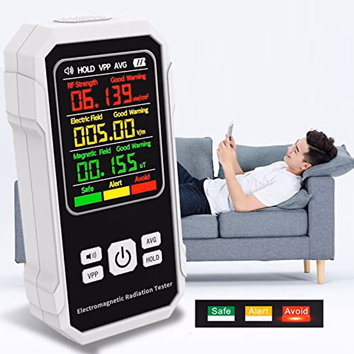 Handheld Radiation Detector, Digital Geiger Counter Dosimeter RF Radiation Monitor Electromagnetic Radiation Tester with Battery Handheld Radiation Meter for Home, Office, Factory (White)