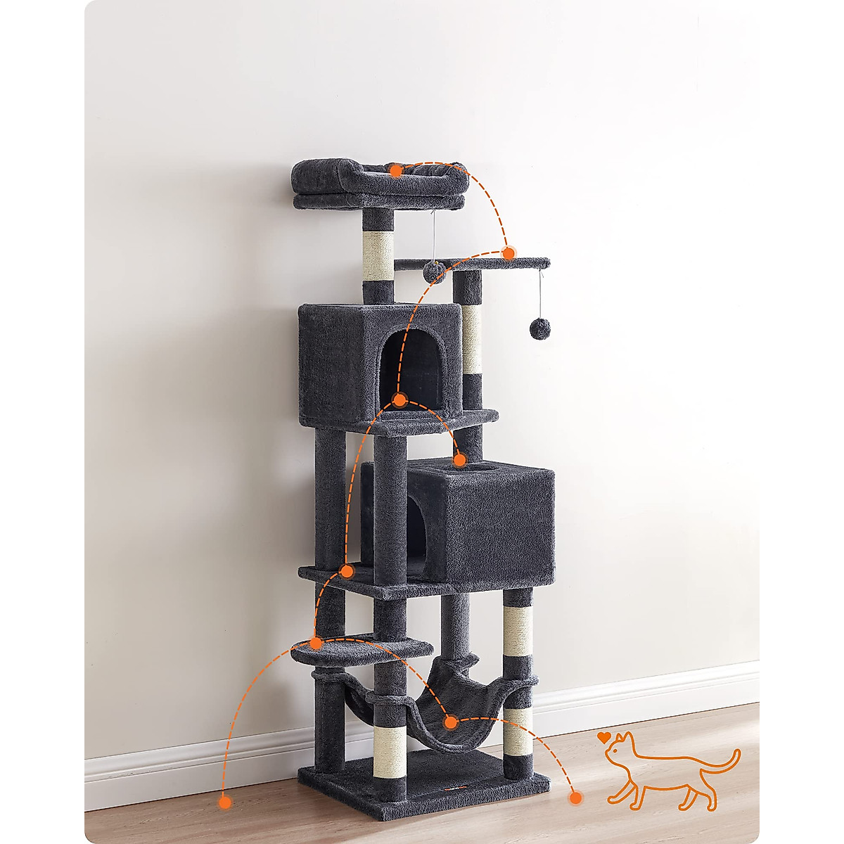 Feandrea Cat Tree, 61-Inch Cat Tower for Indoor Cats, Plush Multi-Level Cat Condo with 5 Scratching Posts, 2 Perches, 2 Caves, Hammock, 2 Pompoms, Smoky Gray UPCT192G01