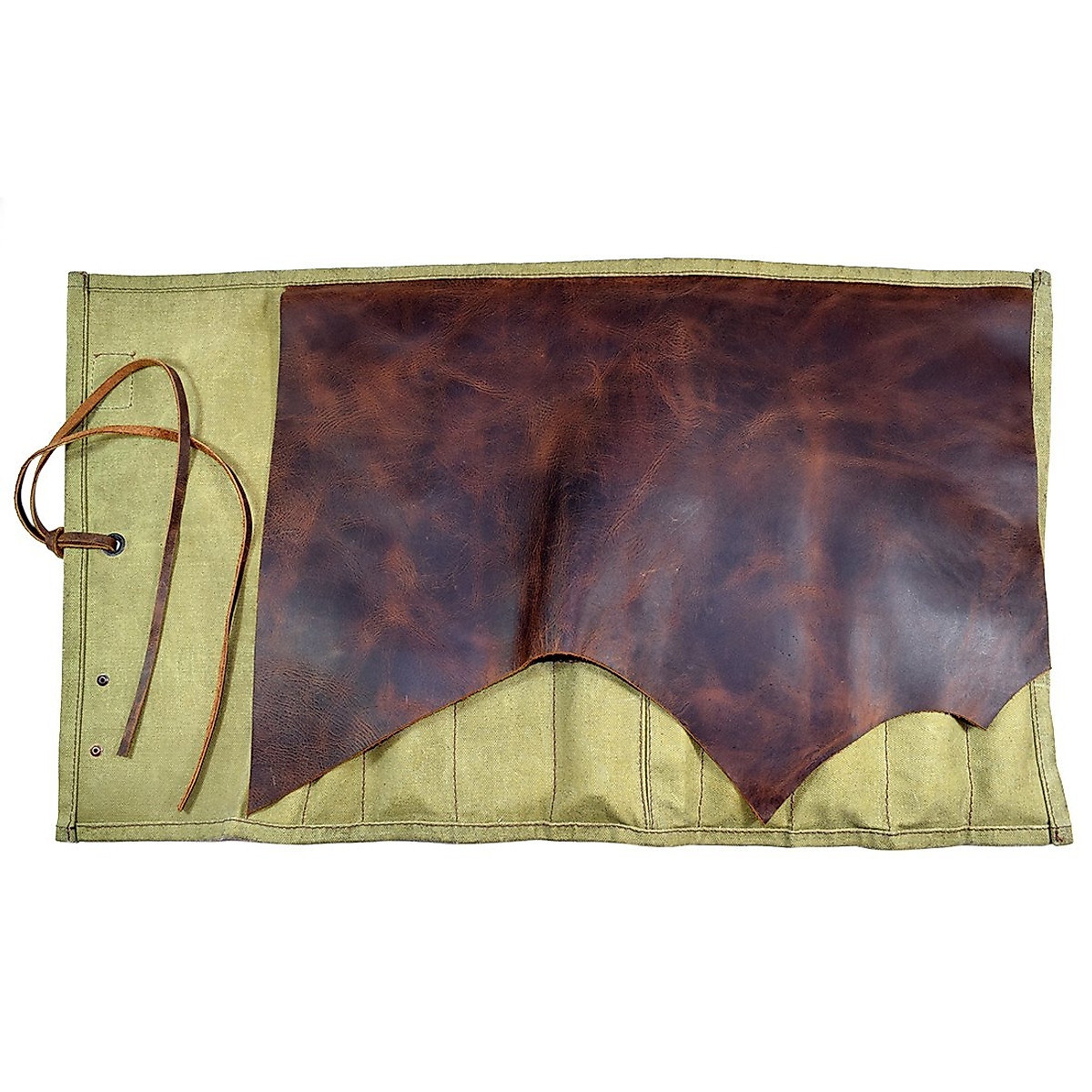 Hide & Drink, Waxed Canvas All Purpose Knife Roll (10 pockets) w/Leather Cover Handmade :: Bourbon Brown