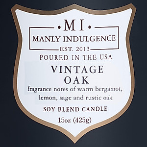 Manly Indulgence Vintage Oak Scented Jar Candle for Men, Wood Wicked Candle, 15 oz - Bergamot, Lemon, Sage & Rustic Oak - Up to 60 Hours Burn, Soy Blend Wax, USA Poured