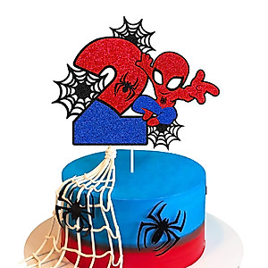 Spider 2nd Cake Topper Spider Cartoon Movie Themed Happy 2s Birthday Cake Decorations for Boys Girls Children Kids Men Women Two Bday Party Supplies Double Sided Glitter Black Décor