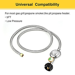 5 FT Propane Hose with Regulator - Gas Grill Regulator and Hose with Gauge - Propane Hose for Gas Grill, Gas Stove, FIRE Pit, Gas Griddle, Propane Stove - LP Hose