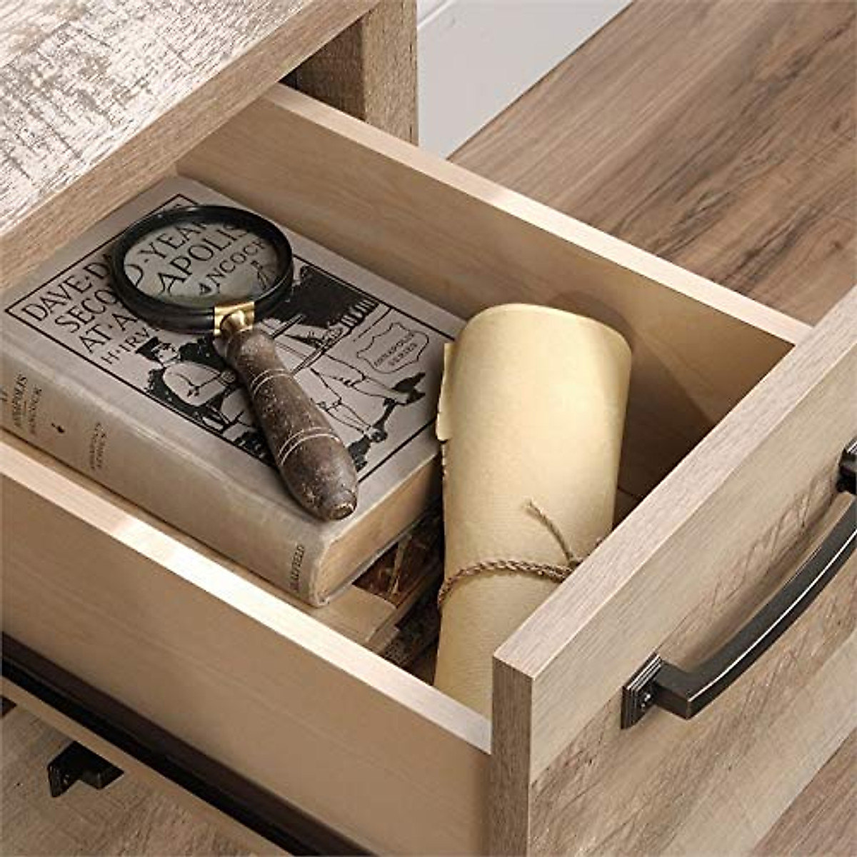 Sauder Cannery Bridge Desk, L: 43.15" x H: 19.291" x W: 29.528", Lintel Oak Finish