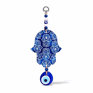Blue Hamsa Hand Wall Hanging Decor with Evil Eye for Home Alef Bet by Paula