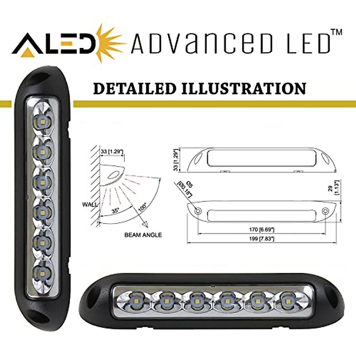 Advanced LED New 10-30V 8 Inch Waterproof Awning/Porch/Deck Light Bar for RVs, Boats, Campers, Caravans, Trailers, in Die Cast Aluminum Housing w/PC Lens, Engineered Reflector, & Super Hi-Power LEDs