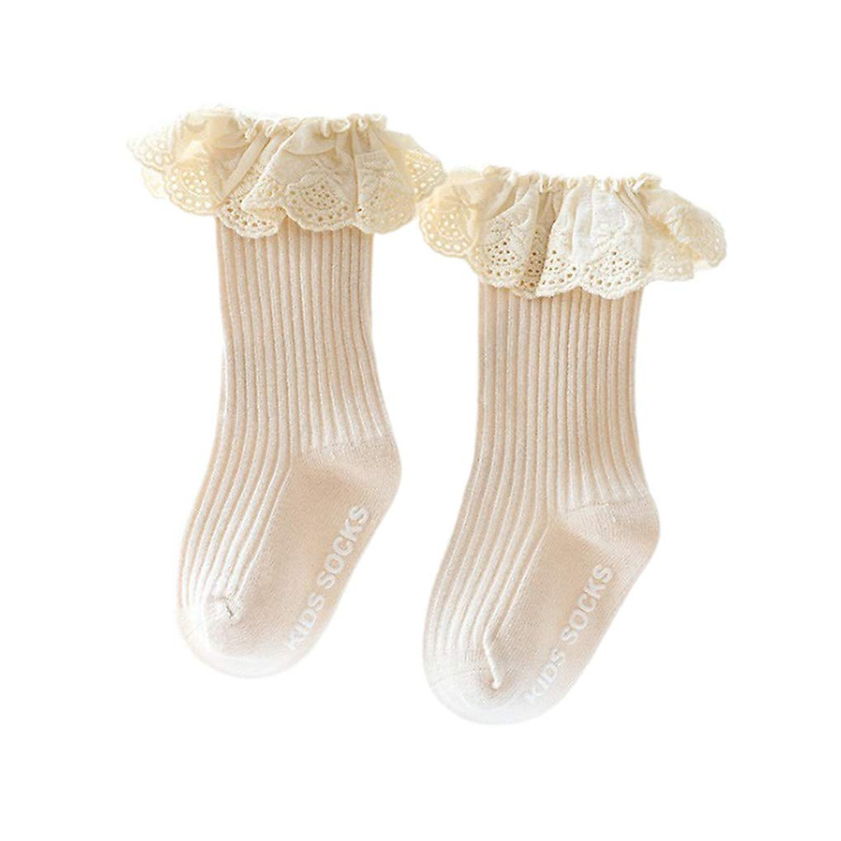 N / D Newborn Toddler Kids Baby Girls Infant High Knee Knitted Socks Cute Ruffle Lace Long Stockings Fall Winter (Beige White, 0-1 Years)