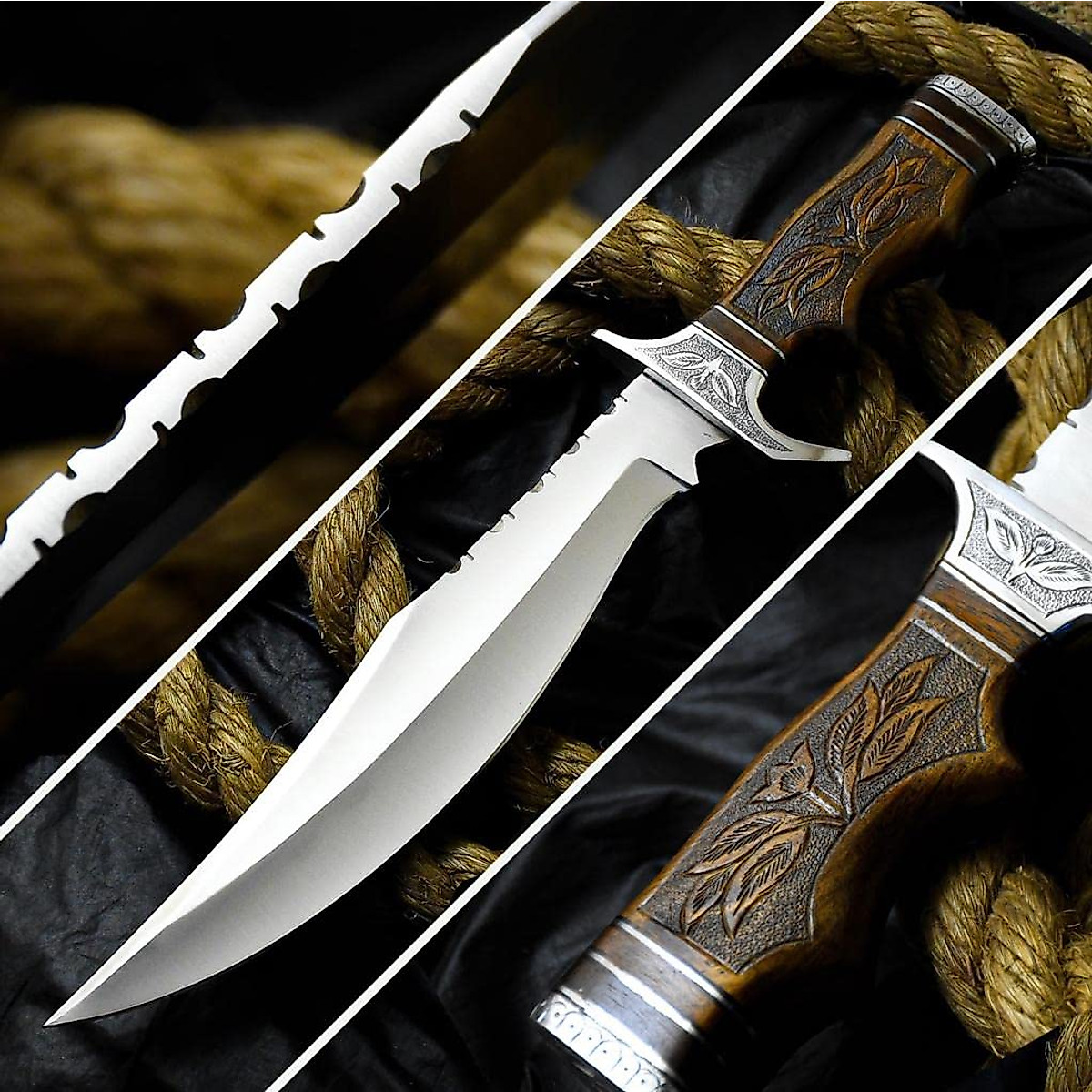 2a's Knives Handmade D2 Steel Bowie Knife with Sheath, This Cutting Knife has Hand Engraved Wood Handle.