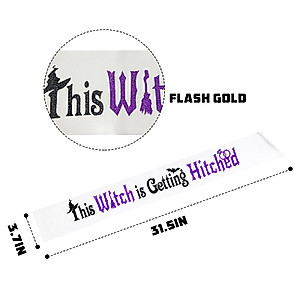 This Witches is Getting Hitched Sash - White Sash Black Purple Foil Lettering - Halloween Theme Bachelorette Bachelor Engagement Wedding Bridal Shower Party Sash - Hen Marriage Event Party Supplies
