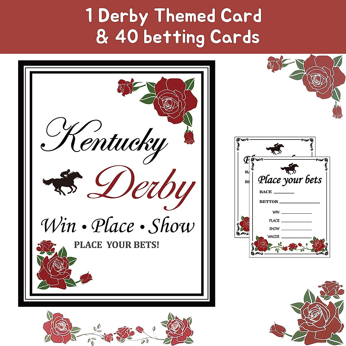 ANGOLIO Race Horse Party Supplies, 40Pcs Betting Card for Guess Who will Win the First on Horse Racing, Win Place Show Ticket Play Your Bets Card Derby Invitation Guessing Game Card