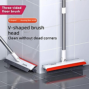 Three Sided Floor Brush,Floor Scrub Brush with Long Handle,3 in 1 Scrape and Double-Sided Stiff Bristle Scrub Brush,Rubber Broom Carpet Rake,Scrape & Heavy-Duty Stiff Bristle Scrubber Brush for Bath