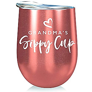 Grandma Gift Insulated Wine Tumbler - 12oz with Steel Straw, BPA Free Lid, Straw Cleaning Brush - Stainless Steel Wine Tumbler - Grandma's Sippy Cup