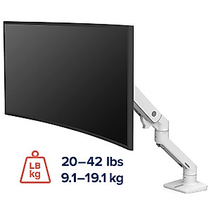 Ergotron – HX Premium Heavy Duty Monitor Arm, Single Monitor VESA Desk Mount – for Flat or Slight Curved Ultrawide Monitors Up to 49 inches, 20 to 42 lbs – Standard Pivot, White