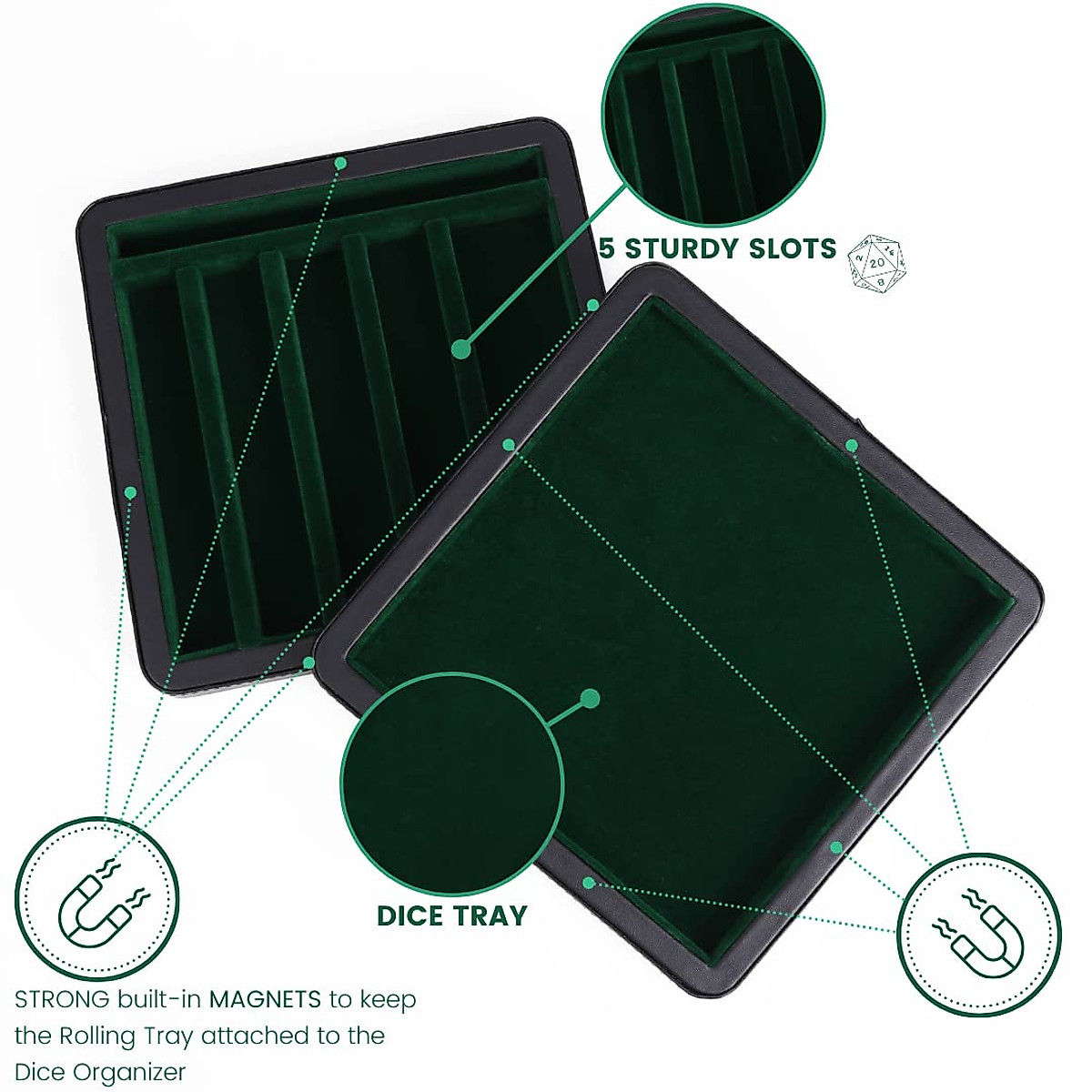 Guarida Dice - 7" Rolling Dice Tray with Strong Magnetic Lid and Rolling Surface - Ample Storage and Case Organizer for All Your Dice and Minis! Perfect for DND or Any Dice RPG Games - Green Cthulhu
