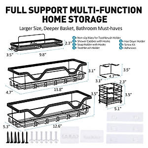 5 Pack Bathroom Shower Caddy Shelf Organizer, with Toothbrush/Soap Dishes/Hair Dryer Holder, No Drilling Wall Mount Adhesive Shelf for Inside Shower, SUS304 Storage Organizer Accessories (Black)