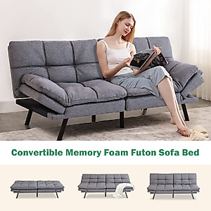 Vyfipt Futon Bed/Couch,Grey Polyester Memory Foam Small Splitback, Easy-Convert Backrests&Armrests,Stain-Resistant Fabric Sofas, 71x33x31.5