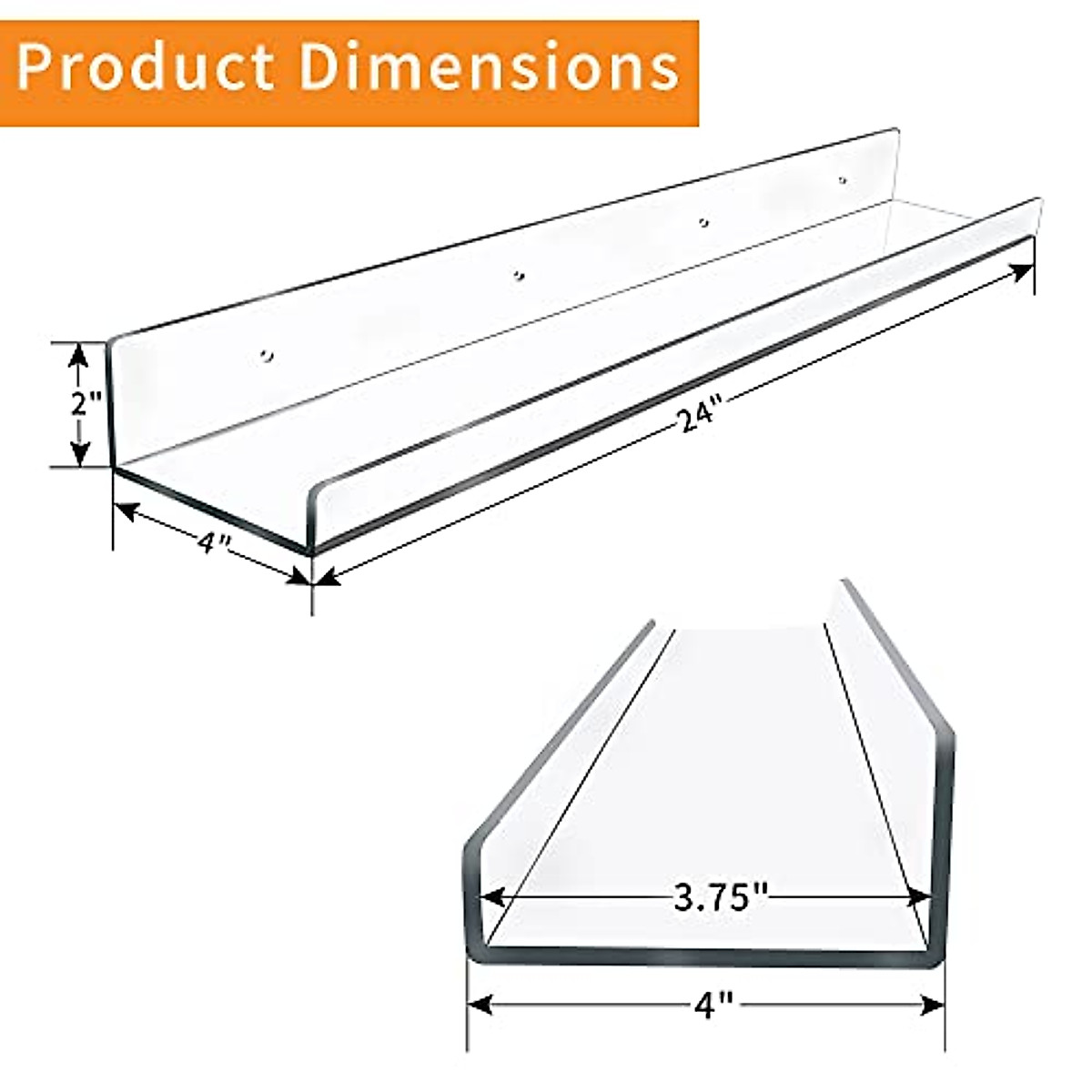 Febwind 4 Pack 24-Inch Long Clear Acrylic Floating Shelves Wall Ledge Invisible Wall Mounted Floating Bookshelf U Shape Wall Shelf for Book Display Makeup Product Spice Organizer
