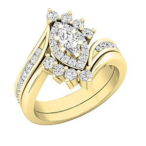 Dazzlingrock Collection 0.95 ctw Marquise & Round Diamond Wedding Ring Matching Band Set for Women (Color I-J, Clarity I2-I3) in 10K Yellow Gold Size 7