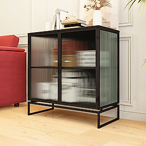 QEIUZON Modern Sideboard Buffet Cabinet, Glass Accent Storage Cabinet Kitchen Console Table TV Stand for Living Room, Dining Room, Bedroom (Black-2 Packs)