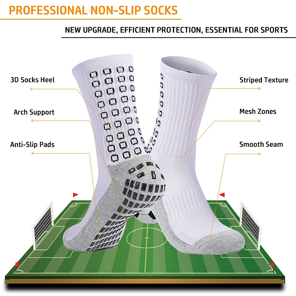 POZCMJM Socks for Men Soccer Anti Slip Athletic Grippy Crew Socks Non Slip Hospital Socks Thickened White Socks 3 Pairs