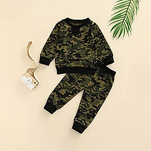 SCEINRET Baby Boys Camouflage Outfits, Long Sleeve Round Neck Sweatshirt + Elastic Waist Camo Long Trousers (Army Green, 2T)