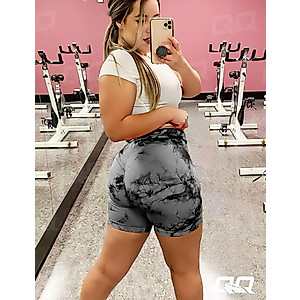 QOQ Womens Tie Dye Workout Biker Shorts Yoga Scrunch Booty High Waisted Tummy Control Athletic Short Leggings Black Grey XL