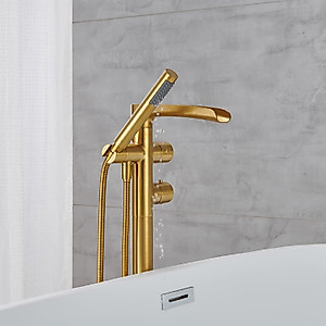 Qinkell Freestanding Thermostatic Bathtub Faucet Floor Mount Waterfall Tub Filler Brushed Gold Bathroom Taps with Handheld Shower