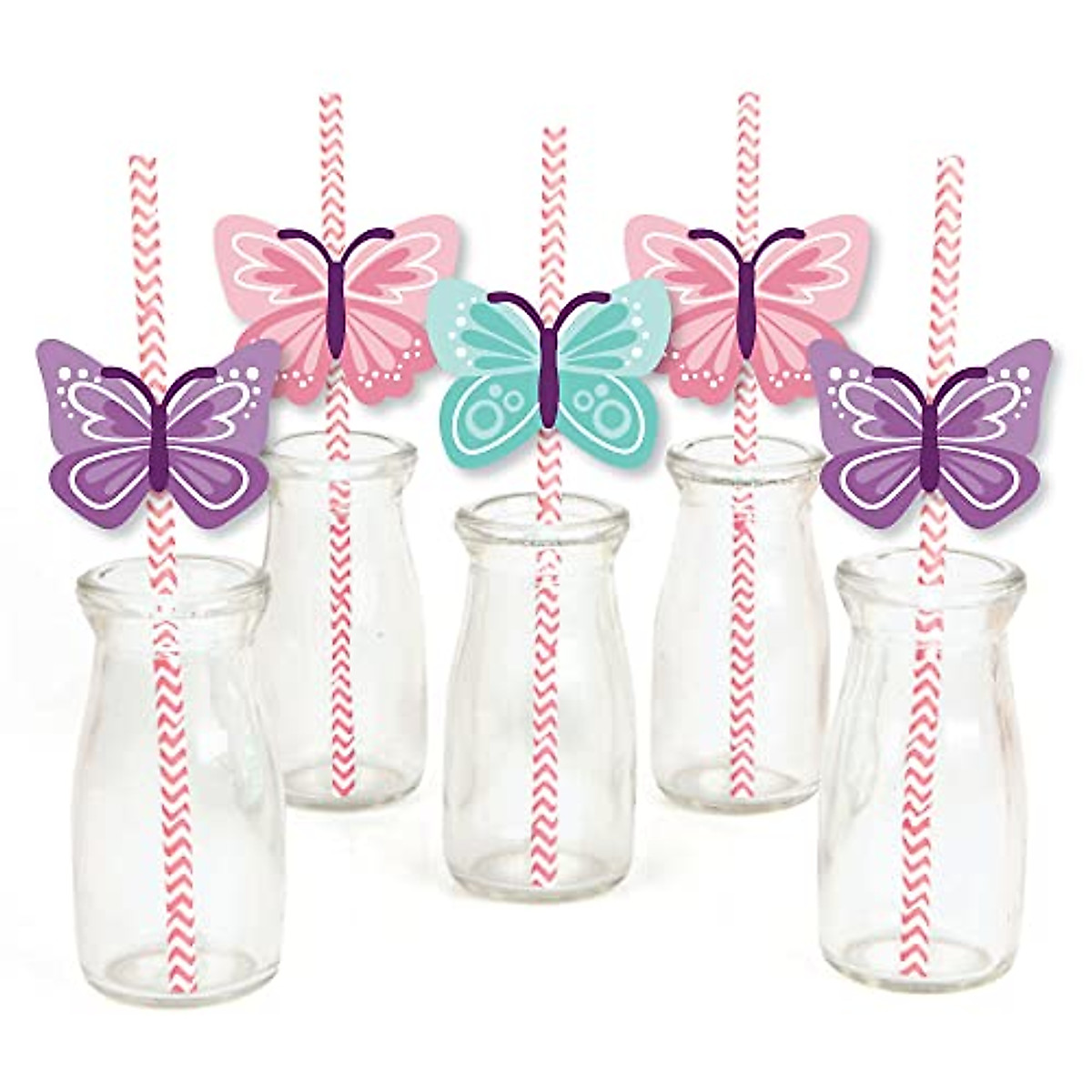 Big Dot of Happiness Beautiful Butterfly - Paper Straw Decor - Floral Baby Shower or Birthday Striped Decorative Straws - Set of 24
