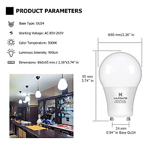 hansang A19 LED Bulb Gu24 Light Bulb Base,9W (100W Equivalent),900 Lumens,5000K Daylight,220 Degree Beam Angle,Gu24 Twist Base,for CFL Upgrade,Non-Dimmable 4 Pack