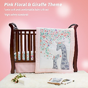 Yolent Baby Girl Crib Bedding Sets Crib Set for Girls Mini Floral Nursery Crib Bedding Sets 3 Piece Pink and Grey Princess Crib Bedding Set