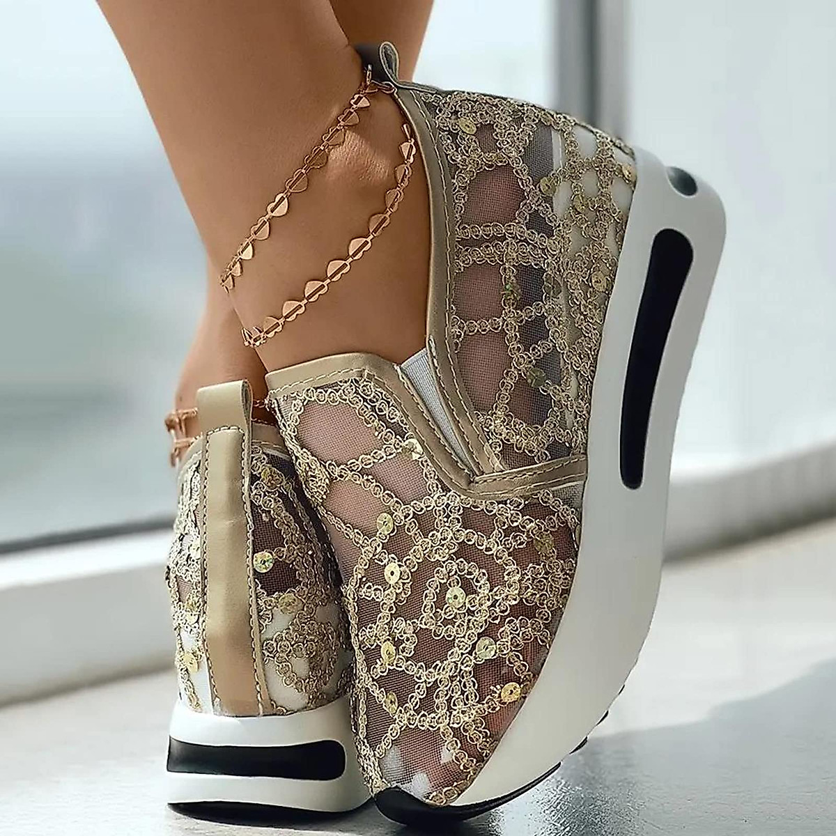 Binhyx Platform Wedge Fashion Sneakers for Women Rhinestones Sequin Lace Breath Mesh Air Cushion Chunky Bottom Hidden High Heels Slip On Loafers Comfort Walking Work Shoes Arch Support Gold