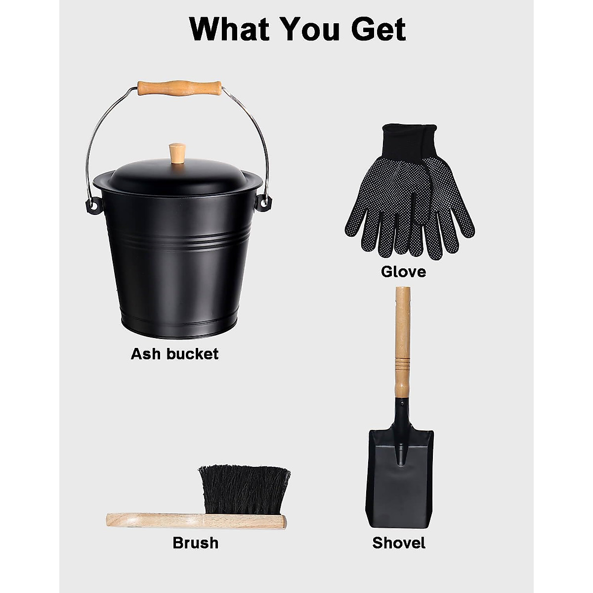 vensovo 1.5 Gallon Ash Bucket with Lid - Shovel, Broom, and Gloves, Heavy Duty Galvanized Iron, Fire-Resistant, Black Finish Perfect for Fireplaces, Fire Pits, Wood-Burning Stoves, and Grills