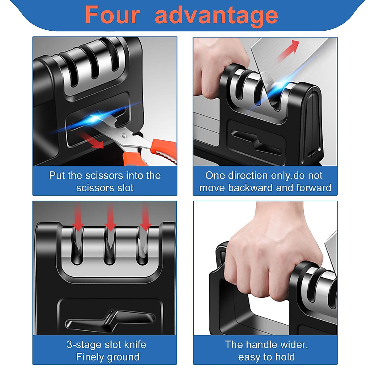 QYQOQU Kitchen Knife Sharpener and Scissor Sharpeners, 4-in-1 Hunting Outdoor Knife Sharpener, Safely Sharpen Knives with Diamond, Ceramic,Tungsten for Knife and Scissors Black