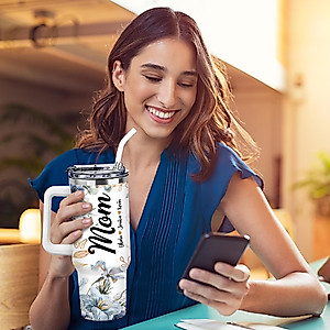 BMYDIY Personalized Mothers Day Birthday Gift for Mom, Customizable 40 Oz Tumbler with Handle Leak-proof Lid and Straw, Custom Extra Large Stainless Steel Insulated Cup/Coffee Mug/Travel Mug with Name