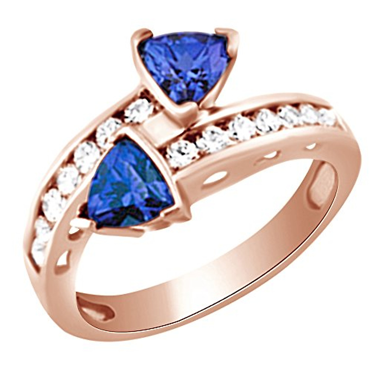 AFFY 1.42 cttw Simulated Blue Sapphire & White Natural Diamond Bypass Engagement Wedding Ring in 14k Rose Gold Ring Size 12.5