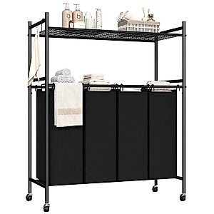 HOOBRO Laundry Sorter 4 Section, Rolling Laundry Hamper with Wheeled, Laundry Basket with Mesh Shelf and Removable S-Shaped Hooks, Sturdy Metal Frame, Laundry Room Organization, Black BB10XY01